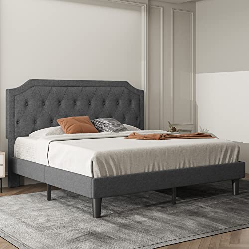 Allewie Upholstered King Size Platform Bed Frame with Adjustable and Curved Corner Design Headboard, Easy Assembly, No Box Spring Required, Dark Grey