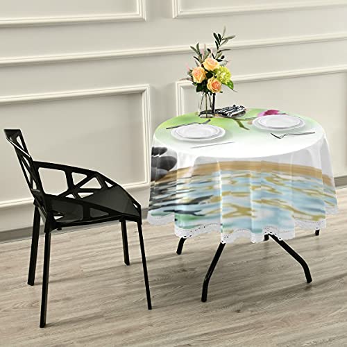 Table Cloth,60inch Round Basalt Stones Bamboo Dew Table Cover Printing Tablecloth Washable Dining Decorative for Holiday Home Christmas Party Picnic