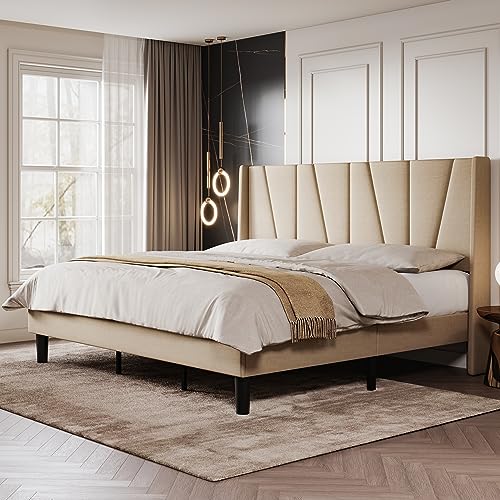 SHA CERLIN King Bed Frame, Upholstered Platform Bed with Geometric Headboard and Wingback, Wood Slat Support, No Box Spring Needed, Beige