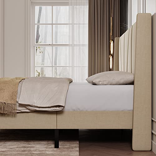 SHA CERLIN King Bed Frame, Upholstered Platform Bed with Geometric Headboard and Wingback, Wood Slat Support, No Box Spring Needed, Beige