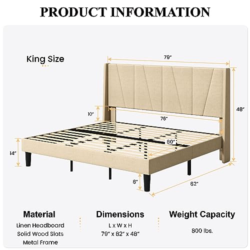 SHA CERLIN King Bed Frame, Upholstered Platform Bed with Geometric Headboard and Wingback, Wood Slat Support, No Box Spring Needed, Beige