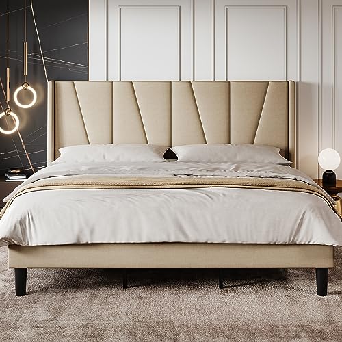 SHA CERLIN King Bed Frame, Upholstered Platform Bed with Geometric Headboard and Wingback, Wood Slat Support, No Box Spring Needed, Beige