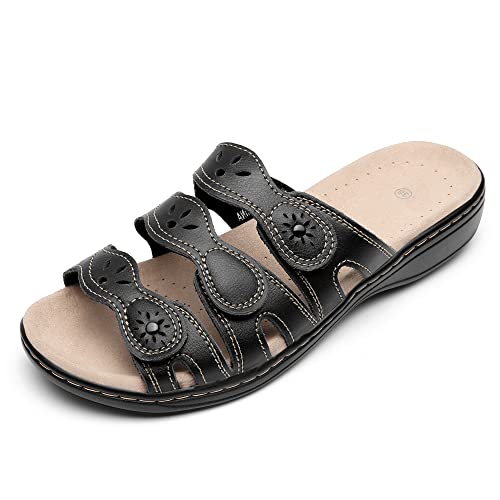 Goellen Women's Classic Leather Sandals, Casual Sandals with Arch Support Adjustable Hook and Loop Straps Slip-On Shoes Outdoor