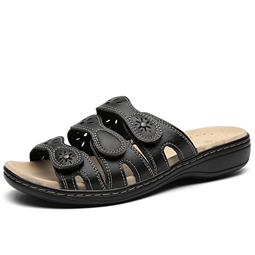 Goellen Women's Classic Leather Sandals, Casual Sandals with Arch Support Adjustable Hook and Loop Straps Slip-On Shoes Outdoor