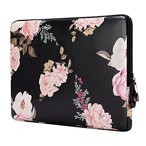 MOSISO Laptop Sleeve Bag Compatible with MacBook Air/Pro,13-13.3 inch Notebook,Compatible with MacBook Pro 14 inch 2023-2021 M2 A2779 A2442 M1, Peony PU Leather Padded Bag Waterproof Case, Black