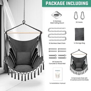 PUREKEA Oversized Hammock Chair with Hanging Hardware Kit, Swing Chair for Indoor & Outdoor, Max 250 Lbs, Include Carry Bag & Two Soft Seat Cushions (Grey)