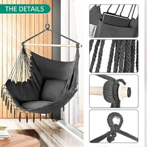 PUREKEA Oversized Hammock Chair with Hanging Hardware Kit, Swing Chair for Indoor & Outdoor, Max 250 Lbs, Include Carry Bag & Two Soft Seat Cushions (Grey)