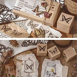 Tvoip 16 Pcs Wooden Rubber Stamp Set, Vintage Butterfly Scrapbooking Stamps Junk Journal DIY Craft Wooden Rubber Stamps Set for Scrapbook Album Diary Seal Stamps