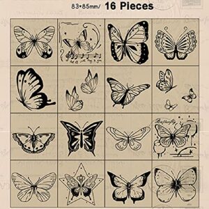 Tvoip 16 Pcs Wooden Rubber Stamp Set, Vintage Butterfly Scrapbooking Stamps Junk Journal DIY Craft Wooden Rubber Stamps Set for Scrapbook Album Diary Seal Stamps