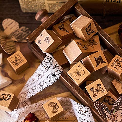 Tvoip 16 Pcs Wooden Rubber Stamp Set, Vintage Butterfly Scrapbooking Stamps Junk Journal DIY Craft Wooden Rubber Stamps Set for Scrapbook Album Diary Seal Stamps