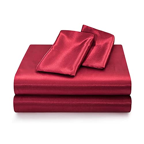 Thmyo Satin Bed Sheet Set,Extra Soft Deep Pocket Silky Satin Sheet Set with 1 Fitted Sheet +1 Flat Sheet + 2 Pillow Cases (4-Piece Wine red, Queen)