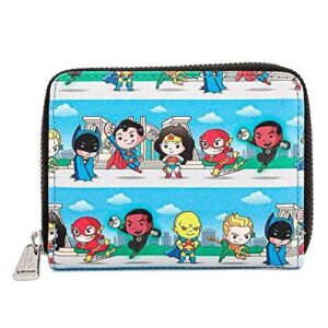 loungefly dc superheroes chibi lineup faux leather zip around wallet, cute wallets fashion accessories, 5.5 inches