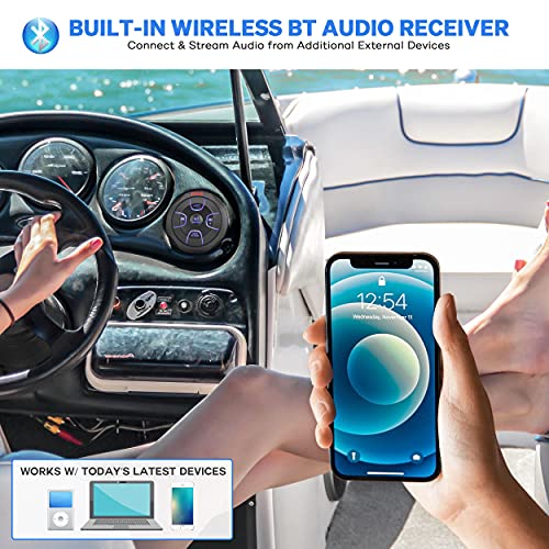 Pyle Amplified Wireless Bluetooth Audio Controller - Waterproof Rated Receiver for Marine, Remote Control w/ USB, AUX, Mount for Car Truck Boat Marine PowerSport Vehicles - Pyle PLMRBTRD1