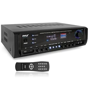 pyle home audio power amplifier system - 300w 4 channel theater power stereo sound receiver box entertainment w/usb, rca, aux, mic w/echo, led, remote - for speaker, iphone, pa, studio - pt390au.5