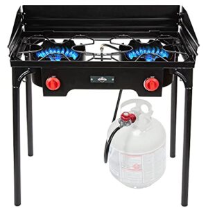 hike crew cast iron double-burner outdoor gas stove | 150,000 btu portable propane cooktop w/blue flame control, removable legs, temperature control knobs, wind panel, hose, regulator & storage case