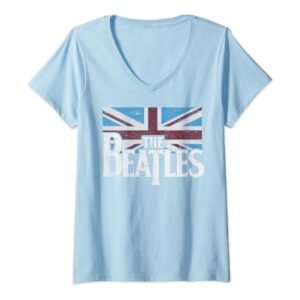 The Beatles British Flag Red, White, and Blue V-Neck T-Shirt