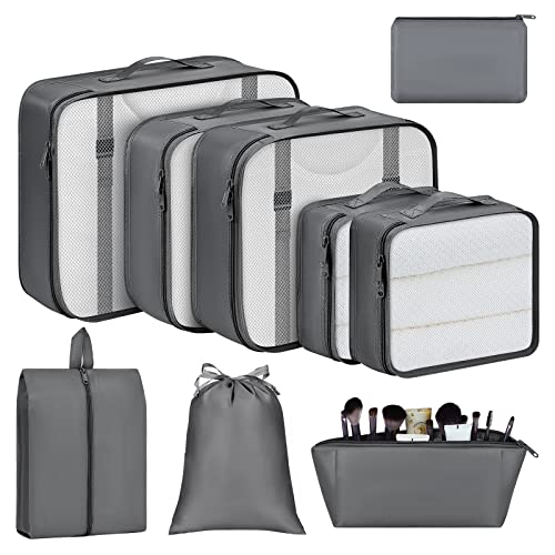 DIMJ Travel Cubes for Luggage, Lightweight Packing Cubes for Suitcases Carry On, Mesh Packing Cubes Luggage Cubes for Packing With Makeup Bag and Laundry Bag, 9 Pack (Grey)