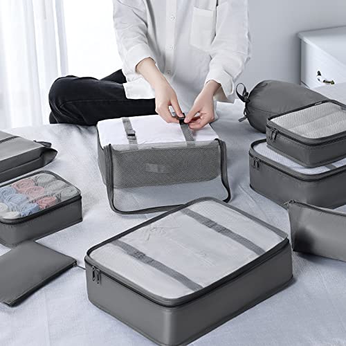 DIMJ Travel Cubes for Luggage, Lightweight Packing Cubes for Suitcases Carry On, Mesh Packing Cubes Luggage Cubes for Packing With Makeup Bag and Laundry Bag, 9 Pack (Grey)