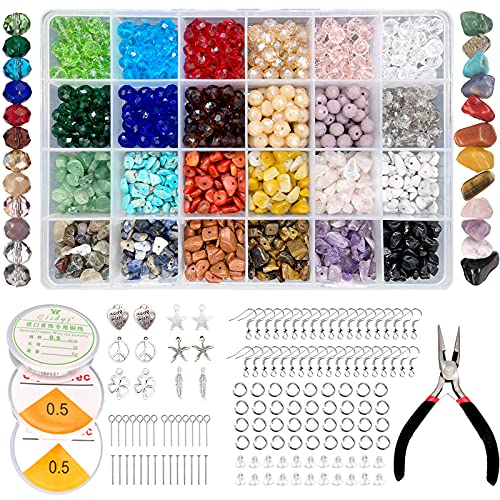 Crystal Beads for Jewelry Making Kit Briolette Glass and Gemstone Beads Assortment Wire Ring Making Kit with Crystals Jewelry Making Supplies for Necklace Earring Bracelet Beads Kits for Adults