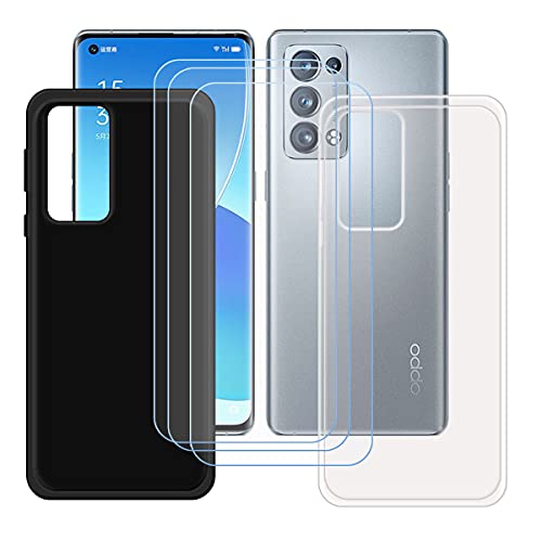 FZZSZS Case for Oppo Reno 6 Pro+ 5G + 3 Pack Tempered Glass Screen Protector Protective Film,Slim Transparent + Black Soft Gel TPU Silicone Protection Case Cover for Oppo Reno 6 Pro+ 5G (6.55")