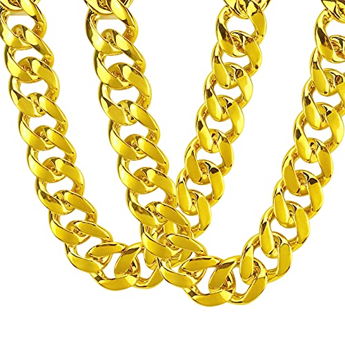 Riuziyi 2 Pack Big Chunky Plastic Hip Hop Chain for Men, Fake Gold Turnover Chain Silver Chain 90s Necklace Costume Accessory (Gold, 32in&36in)