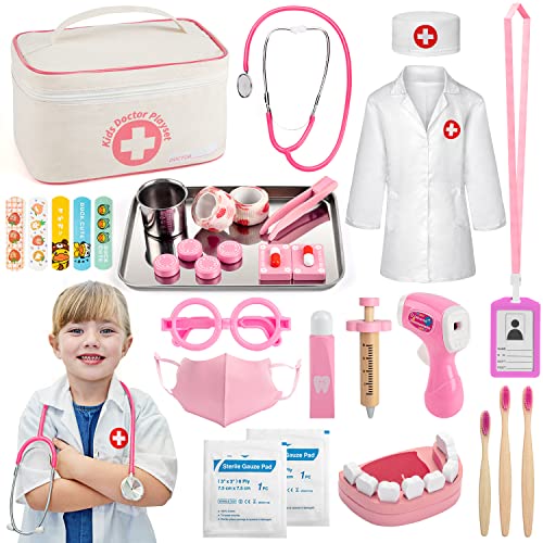 EFOSHM Doctor Kit for Kids, 32 Pieces Toy Medical Kit with Stethoscope, Coat, Doctor Pretend Play Toy Set with Medical Storage Bag for Girls Toddler Ages 3+