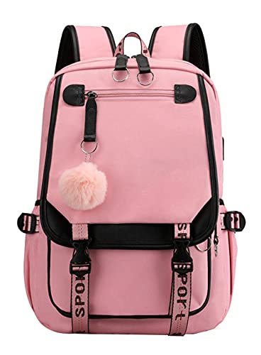 JiaYou Teenage Girls' Backpack Middle School Students Bookbag Outdoor Daypack with USB Charge Port (21 Liters, Pink Black)