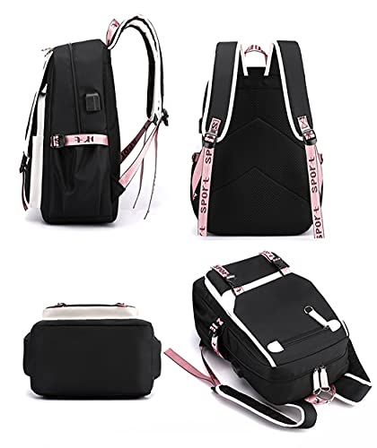 JiaYou Teenage Girls' Backpack Middle School Students Bookbag Outdoor Daypack with USB Charge Port (21 Liters, Pink Black)