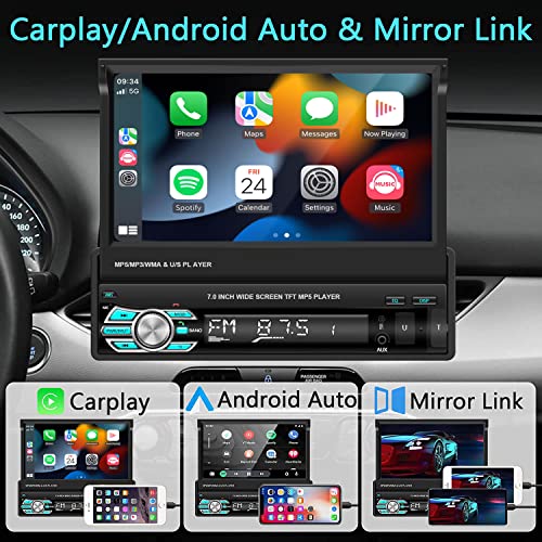 Car Stereo with Apple Carplay Android Auto 7 Inch Foldable HD Touchscreen Radio Supports FM Bluetooth Android/iOS Mirror Link SWC,Single Din Car Audio with AHD Backup Camera/USB/TF Card Port/AUX-in