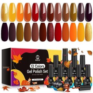 mefa fall gel nail polish set, 12 colors autumn halloween decorations orange brown burgundy glitter nail gel kit soakoff red yellow pumpkin bronze starter nail art diy home salon design manicure gifts