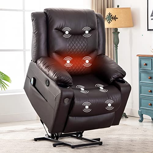 EVER ADVANCED Power Lift Chairs Recliners for Elderly, Electric Recliners Chair with Heat Vibration Massage, Remote Control,USB Port, 2 Cup Holder & Side Pocket for Home, Office (Brown)