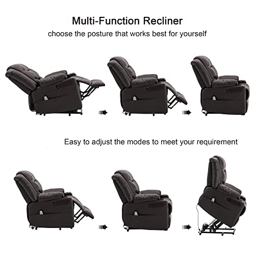 EVER ADVANCED Power Lift Chairs Recliners for Elderly, Electric Recliners Chair with Heat Vibration Massage, Remote Control,USB Port, 2 Cup Holder & Side Pocket for Home, Office (Brown)