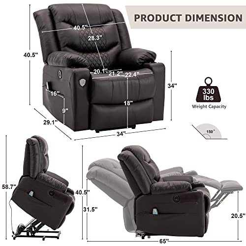 EVER ADVANCED Power Lift Chairs Recliners for Elderly, Electric Recliners Chair with Heat Vibration Massage, Remote Control,USB Port, 2 Cup Holder & Side Pocket for Home, Office (Brown)