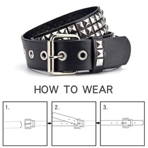 FOCAST Black Studded Belt Punk Rock Rivet Belt Grommet Threads Belt with Bright Metal Pyramid for Women Men (Black)