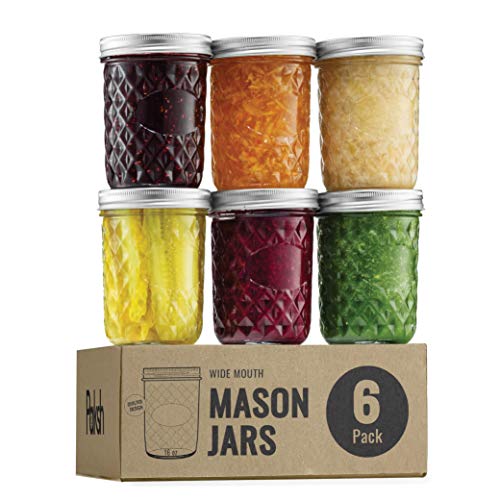 Paksh Novelty Mason Jars 16 oz - 6-Pack Quilted Wide Mouth Glass Jars with Lid & Seal Bands - Airtight Container for Pickling, Canning, Candles, Home Decor, Overnight Oats, Fruit Preserves