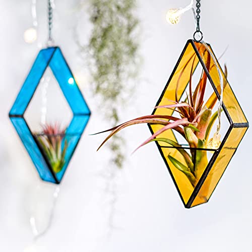 Stained Glass Terrariums Hanging, 2 Packs Geometric Window Planters with Chain for Windowsill Decor Small Succulent Tillandsia Glass Container Terrarium Minimalist Air Plant Holders