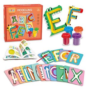 dough tools alphabet a-z 26 modeling dough cards learn letters and shapes with 4 non-toxic compound multi colors dough for kids gift ages 3 years and up