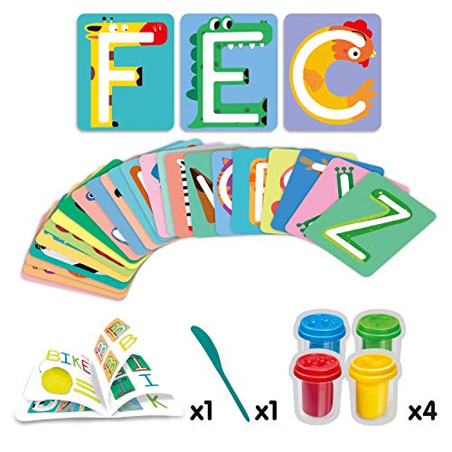 Dough Tools Alphabet A-Z 26 Modeling Dough Cards Learn Letters and Shapes with 4 Non-Toxic Compound Multi Colors Dough for Kids Gift Ages 3 Years and Up