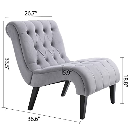 AVAWING Armless Accent Chair, Upholstered Button Tufted Living Room Chairs with Wood Legs, Comfy Frosted Velvet Lounge Chair Reading Chair for Bedroom, Grey