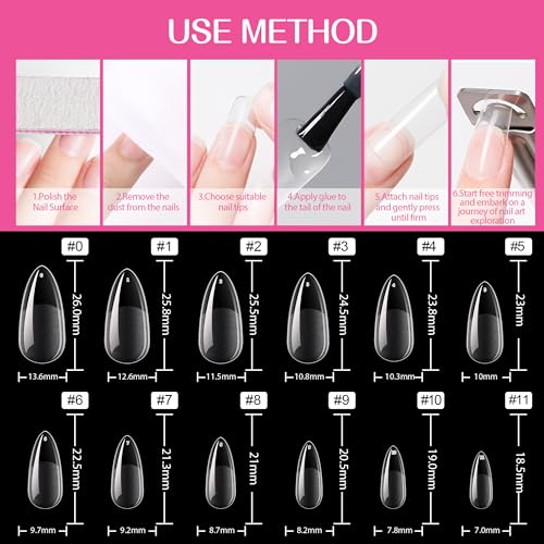 UNA GELLA Almond Fake Nails 504pcs Almond Press on Nails Pre-shape Almond Nails Tips for Full Cover Acrylic Almond Nails French False Nails For Nail Extension Nail Art, Home DIY Nail Salon 10 Sizes False Jelly Tips