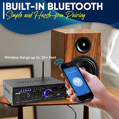 Pyle Bluetooth Mini Stereo Power Amplifier - 2x120W Dual Channel Sound Audio Receiver Entertainment w/Remote, for Amplified Speakers, CD DVD, MP3, Theater via 3.5mm RCA Input, Studio Use - PCAU48BT.5