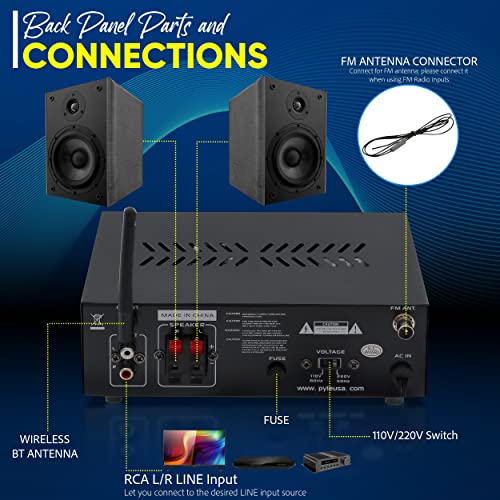 Pyle Bluetooth Mini Stereo Power Amplifier - 2x120W Dual Channel Sound Audio Receiver Entertainment w/Remote, for Amplified Speakers, CD DVD, MP3, Theater via 3.5mm RCA Input, Studio Use - PCAU48BT.5