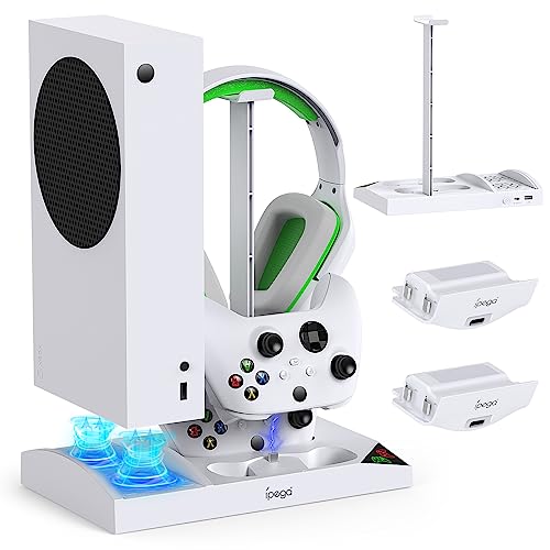 Cooling Fan with Charging Stand for Xbox Series S Console and Controller, Dual Charger Dock Accessories with 2 x 1400mAh Rechargeable Battery and Cover, Headphone Mount for Xbox Series S