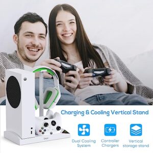 Cooling Fan with Charging Stand for Xbox Series S Console and Controller, Dual Charger Dock Accessories with 2 x 1400mAh Rechargeable Battery and Cover, Headphone Mount for Xbox Series S