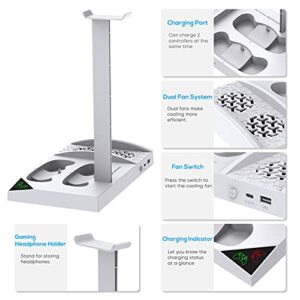 Cooling Fan with Charging Stand for Xbox Series S Console and Controller, Dual Charger Dock Accessories with 2 x 1400mAh Rechargeable Battery and Cover, Headphone Mount for Xbox Series S