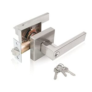 toocust square front door handle with lock, heavy duty door lock with key, brushed nickel door levers with adjustable latch, front door lock for exterior/interior, left/right hand reversible