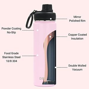 DRINCO Stainless Steel Water Bottle Spout Lid Vacuum Insulated Double Wall Water Bottle Wide Mouth (40oz 32oz 22oz 18oz 14oz) Leak Proof Keeps Cold or Hot (22 oz, 22oz Flamingo Pink)