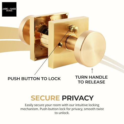 JADE + SAGE Harper Gold Door Knob - Keyless Privacy Locking Interior Door Handle, Modern Door Knob, Square Rosette, Gold Plated Interior Door Handle, Mid-Century Modern Door Knob, Gold Finish