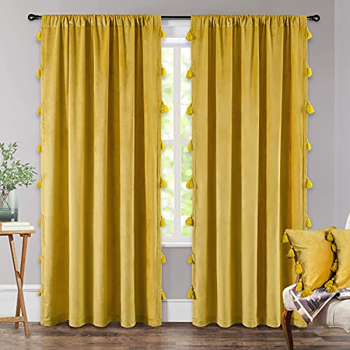 DriftAway Boho Velvet Handmade Tassel Curtain Room Darkening Thermal Insulated Window Curtain Rod Pocket 2 Panels 50 Inch by 84 Inch Gold Yellow