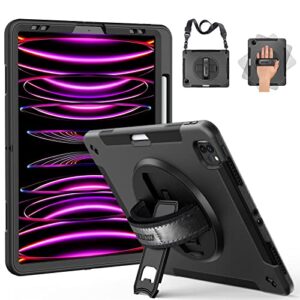 geeksdom ipad pro 12.9 case: military grade heavy duty shockproof ipad pro 12.9 case 6th generation 2022/5th gen 2021-pencil holder-hand/shoulder strap-rotating stand-black